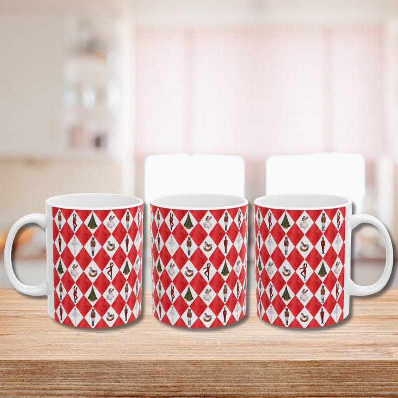 Red Holiday Diamond Pattern Coffee Mug With Ballet Nutcracker Christmas ...