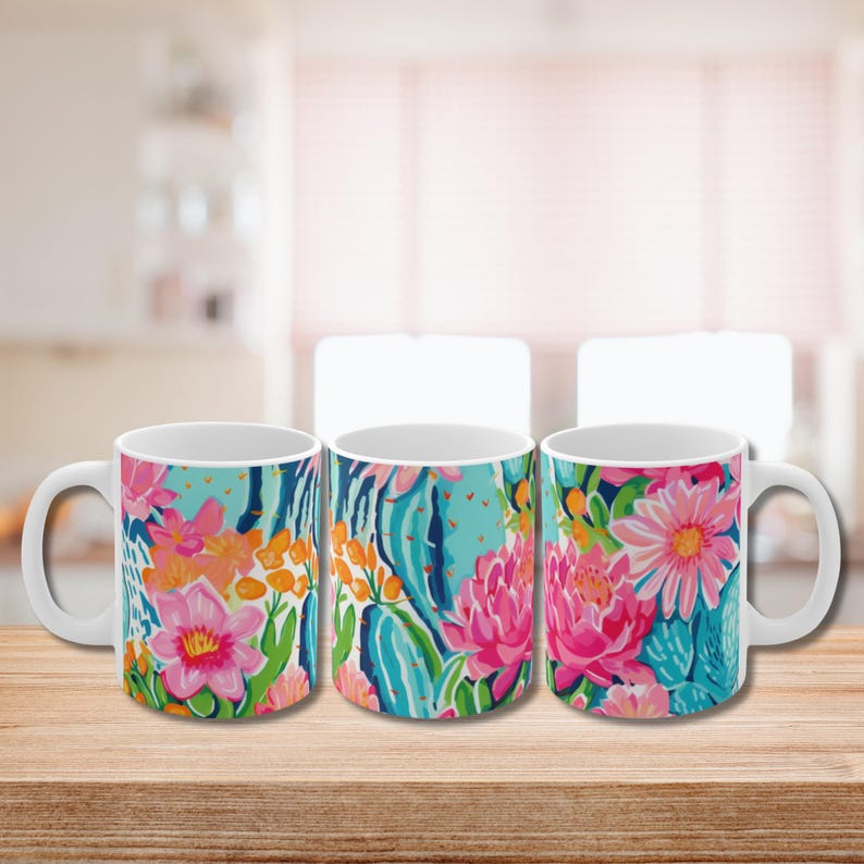 Desert Bloom Cactus Mug, Bright Pink Orange Floral Southwestern Art ...