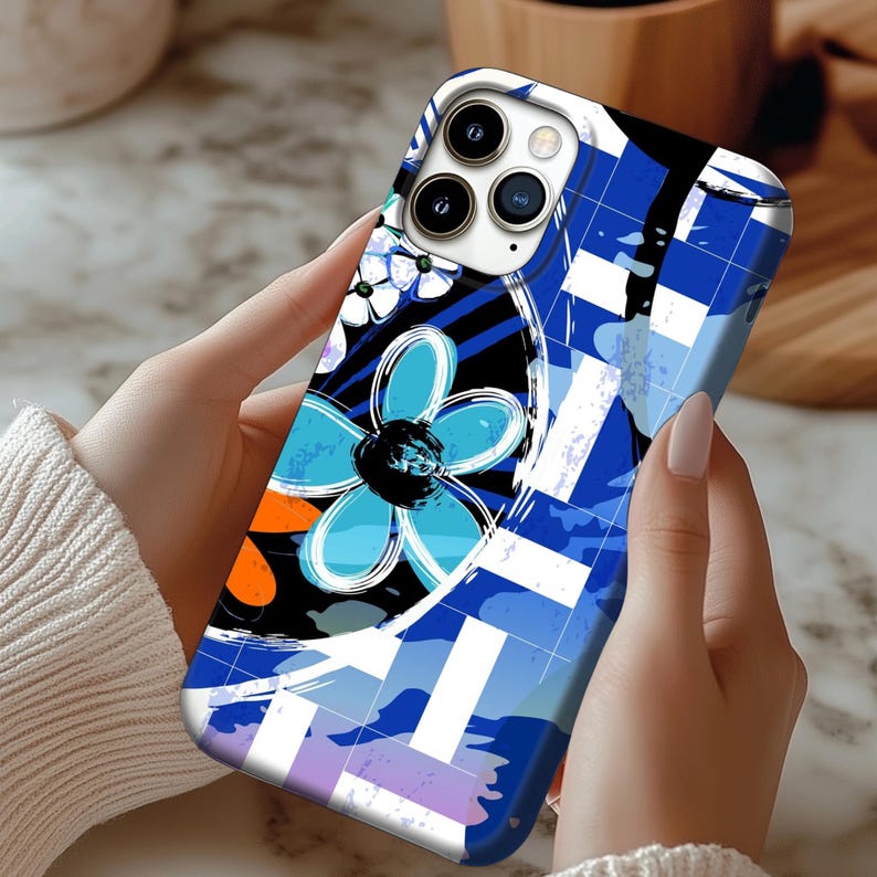 Blue Geometric Floral Phone Case Modern Abstract iPhone Case 16 15 14 ...