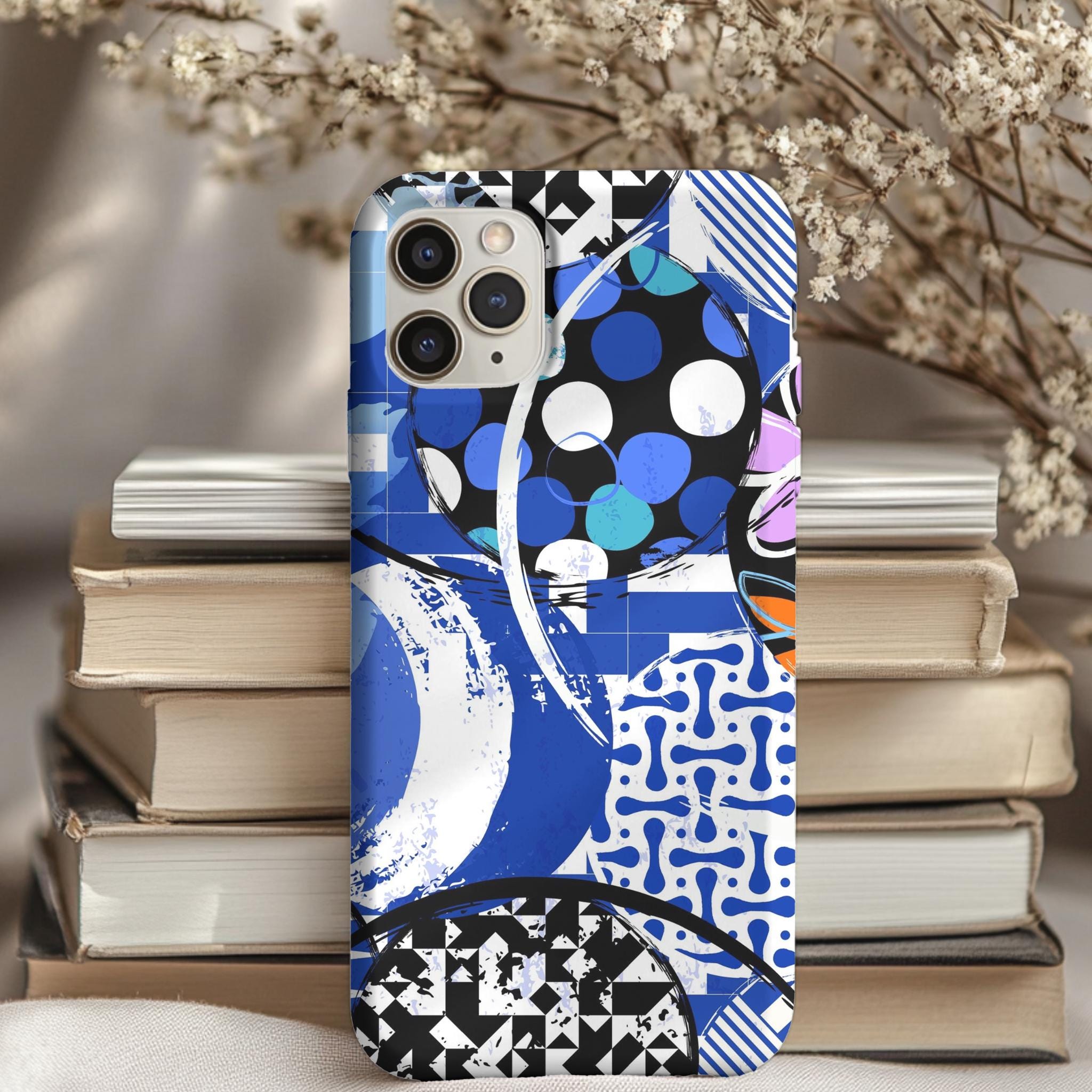 Blue Geometric Phone Case Modern Abstract Shapes iPhone Case 16 15 ...