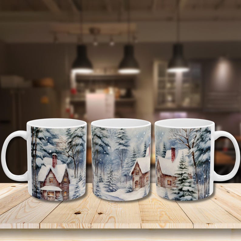 Watercolor Winter Cottage Mug, Snowy Cabin Christmas Coffee Cup - Etsy