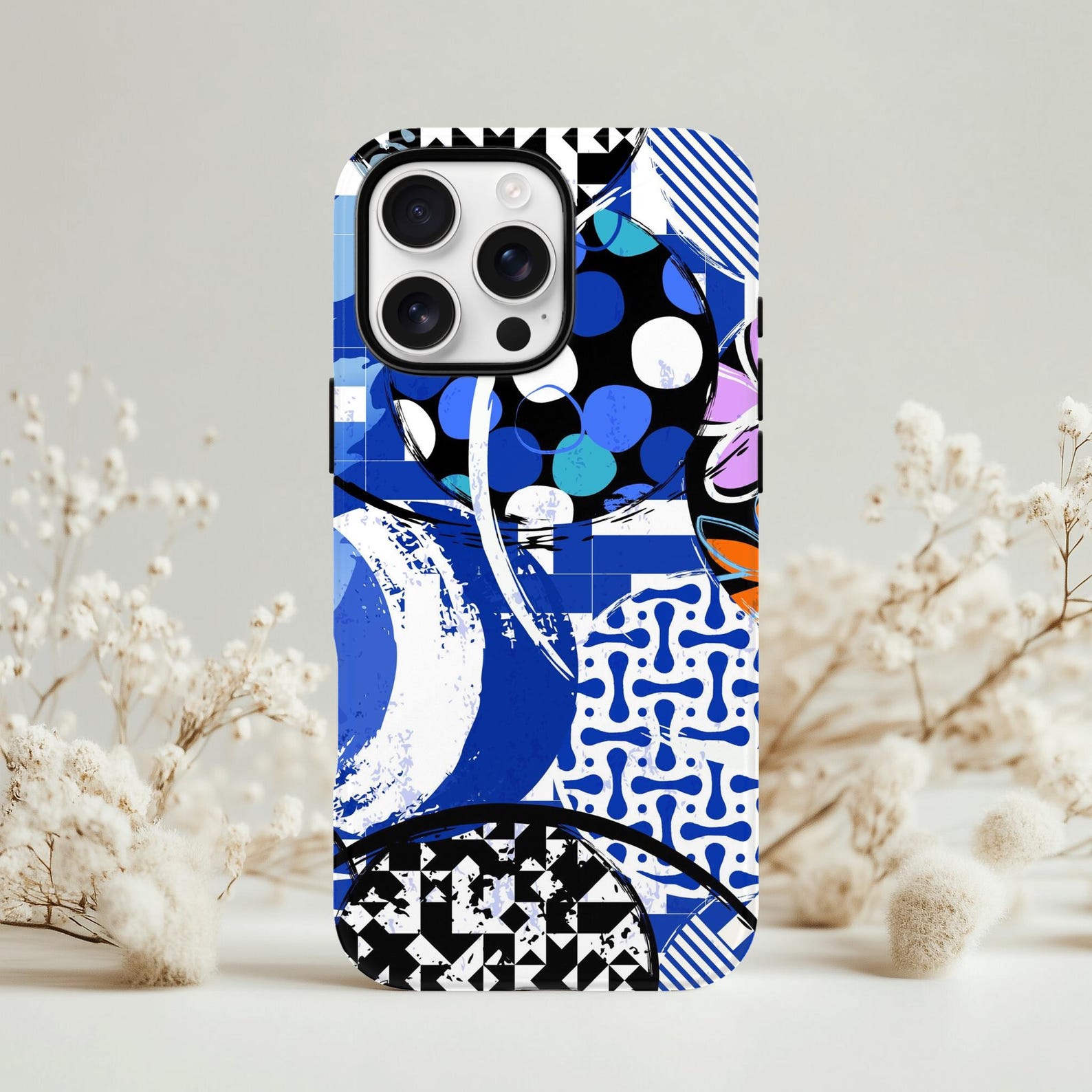 Blue Geometric Phone Case Modern Abstract Shapes iPhone Case 16 15 ...