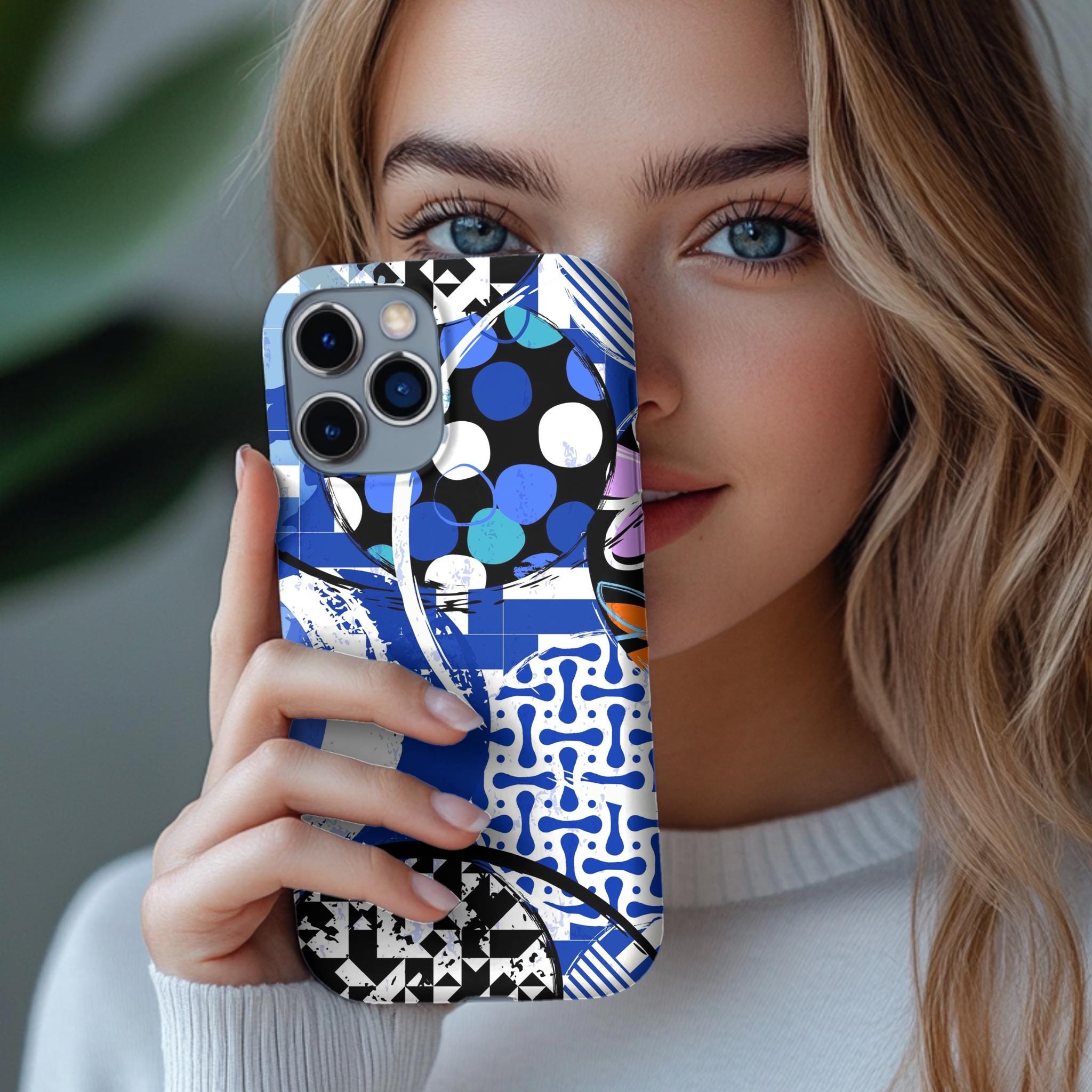 Blue Geometric Phone Case Modern Abstract Shapes iPhone Case 16 15 ...