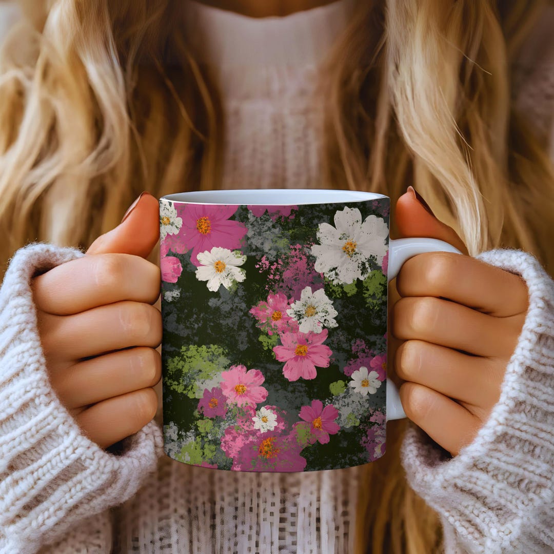 Dark Floral Cosmos Mug, Pink White Wildflower Coffee Cup, Cottagecore ...