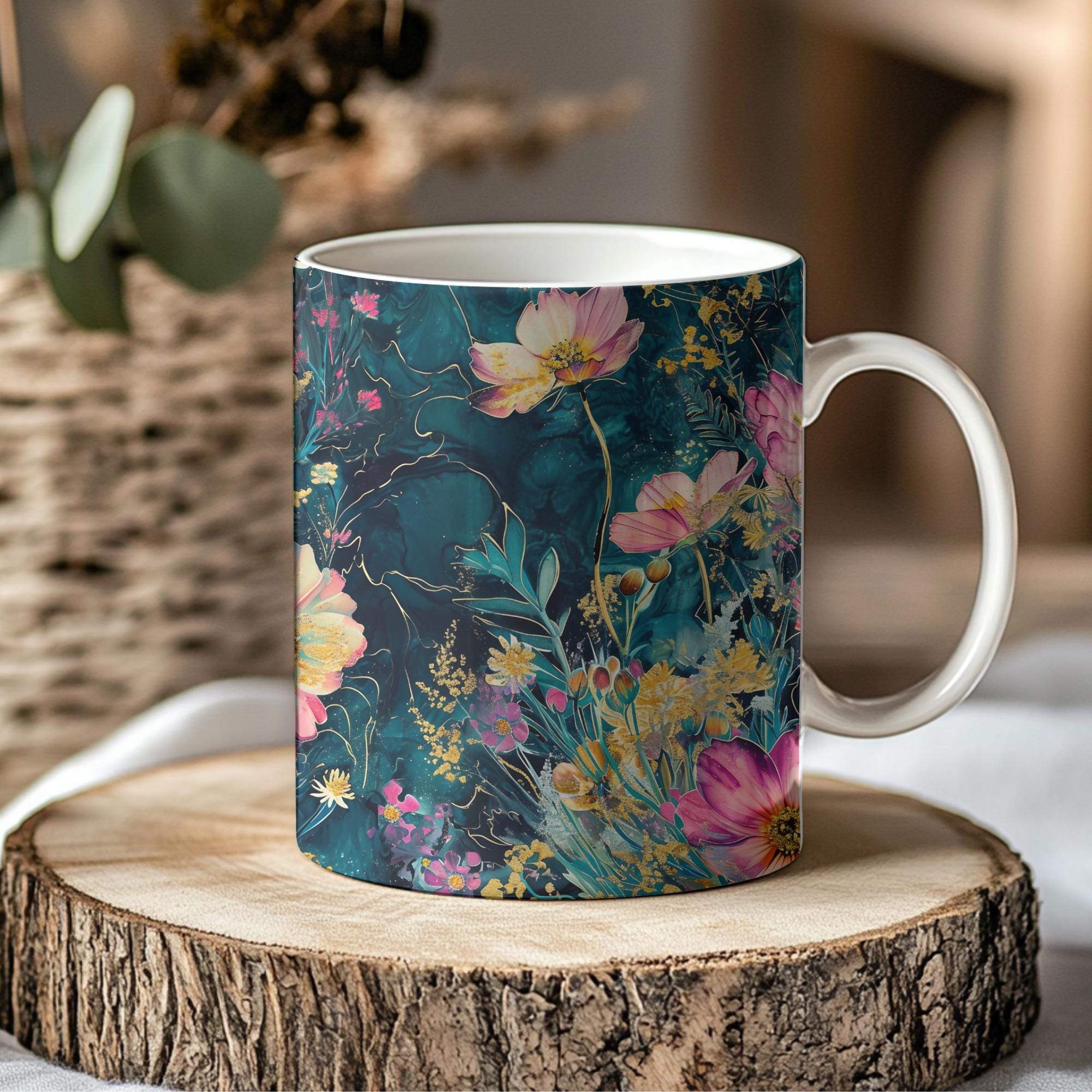 Teal Floral Coffee Mug, Watercolor Botanical Design, Gold Accents ...