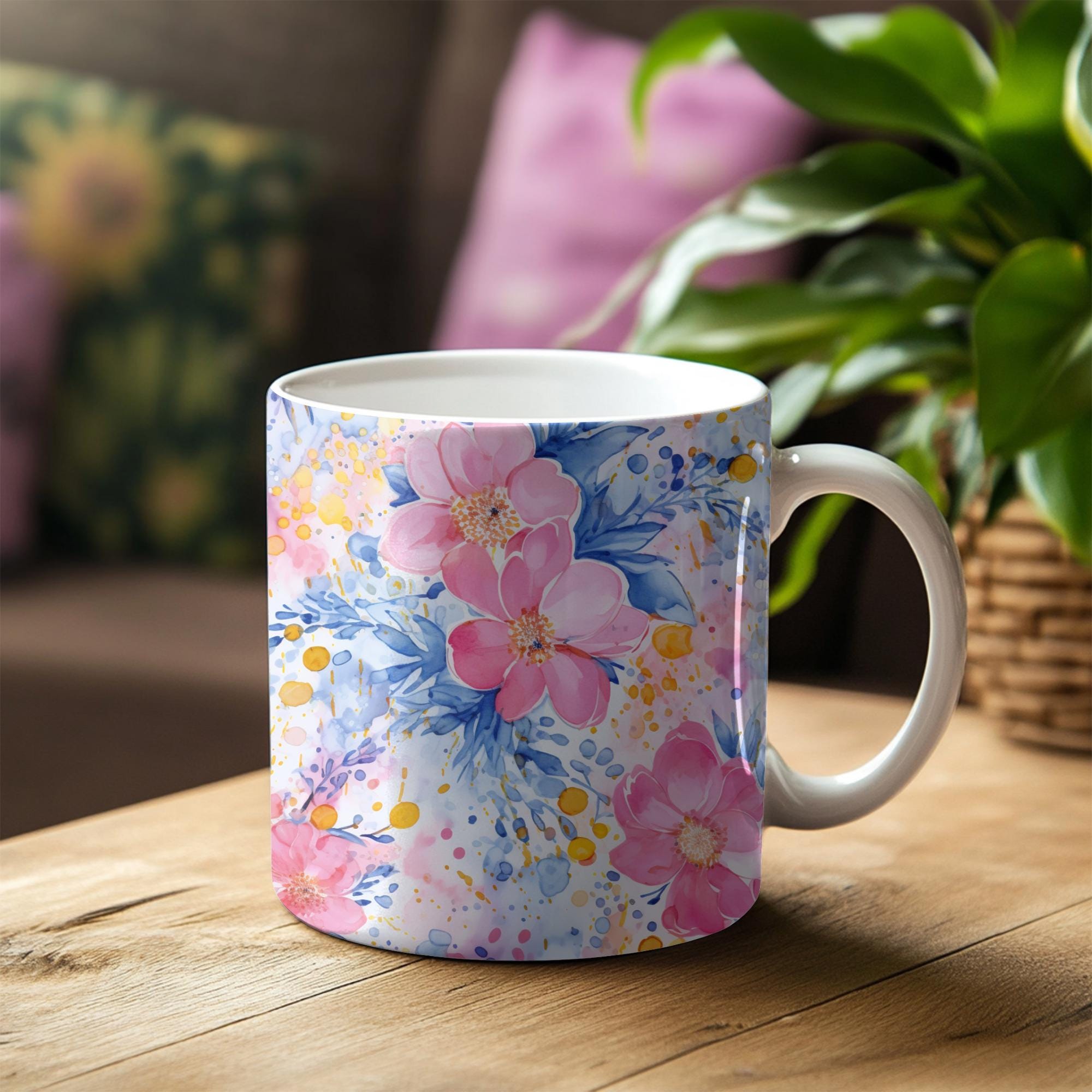Watercolor Floral Mug, Pink Blue Botanical Design, Feminine Spring ...