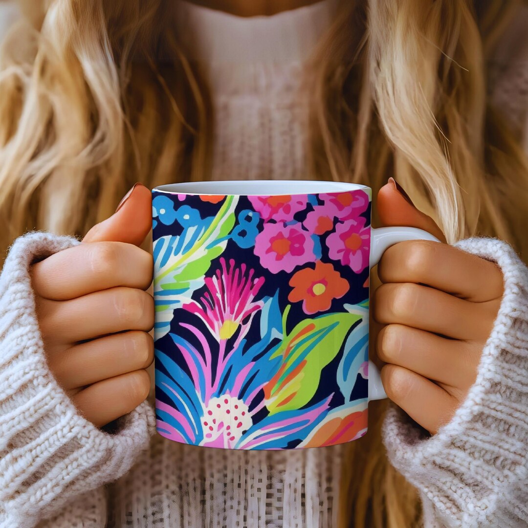 Modern Floral Mug, Bold Botanical Symmetrical Design, Ceramic Coffee ...