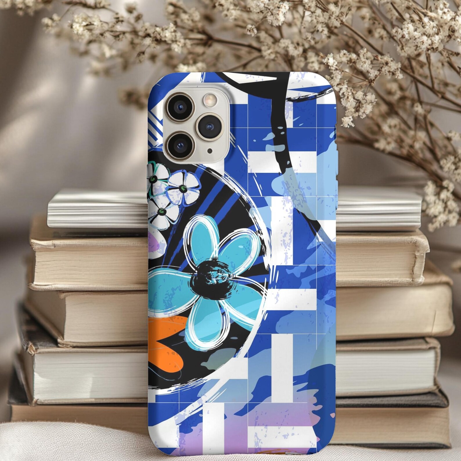 Blue Geometric Floral Phone Case Modern Abstract iPhone Case 16 15 14 ...