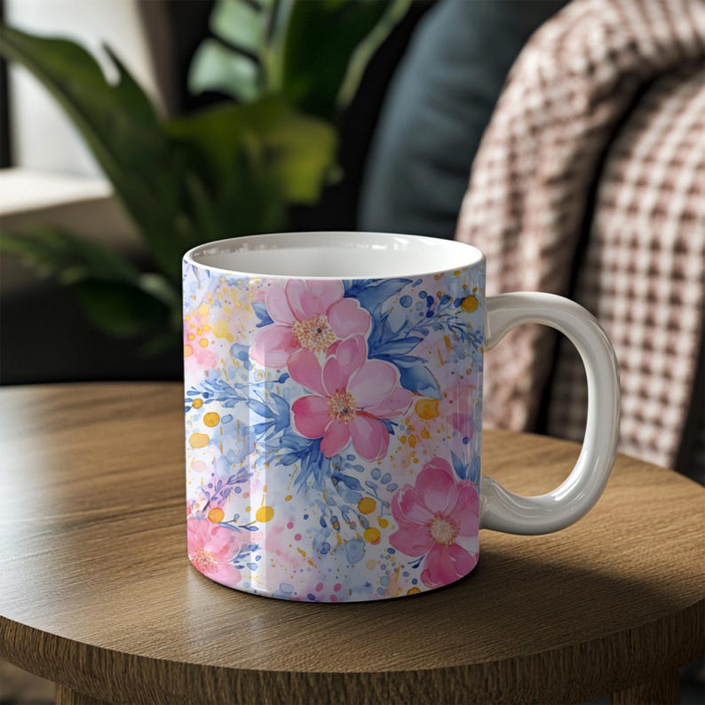Watercolor Floral Mug, Pink Blue Botanical Design, Feminine Spring ...