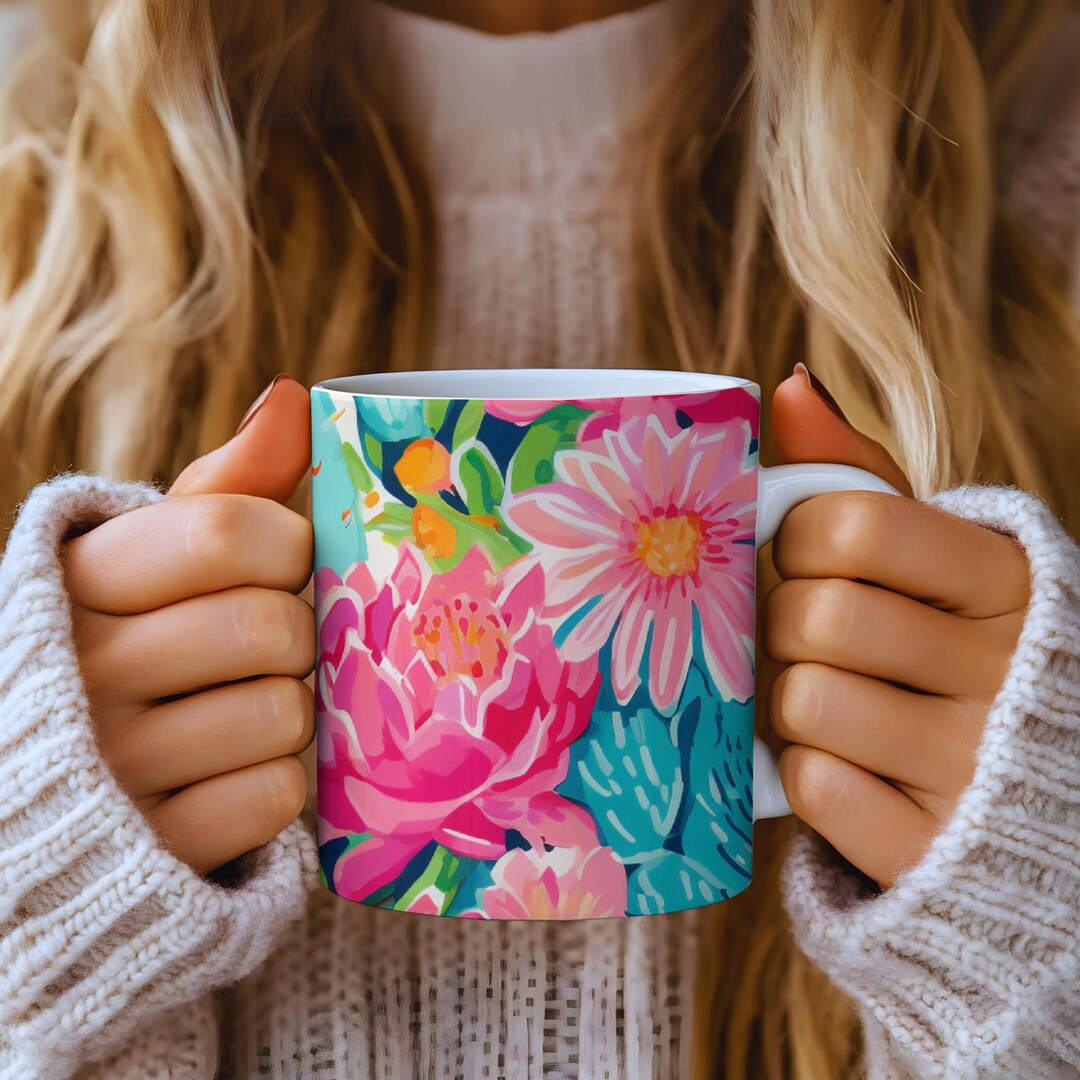Desert Bloom Cactus Mug, Bright Pink Orange Floral Southwestern Art ...