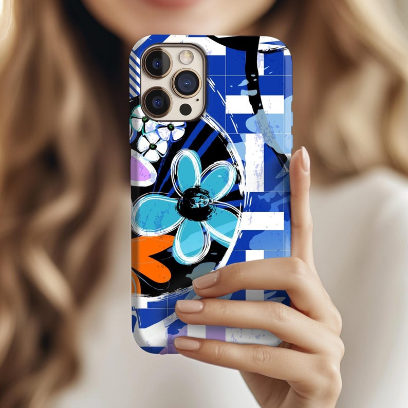 Blue Geometric Floral Phone Case Modern Abstract iPhone Case 16 15 14 ...