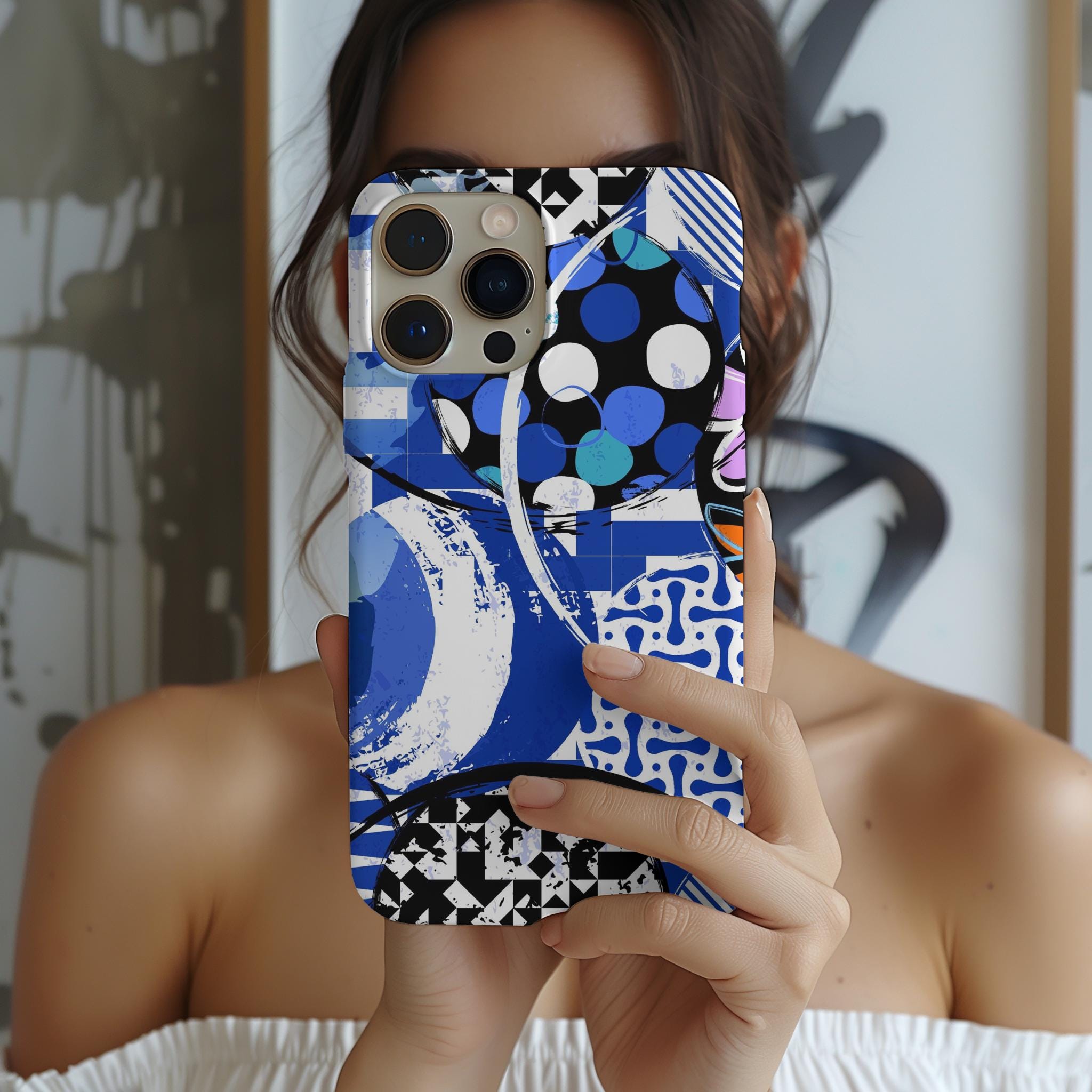 Blue Geometric Phone Case Modern Abstract Shapes iPhone Case 16 15 ...