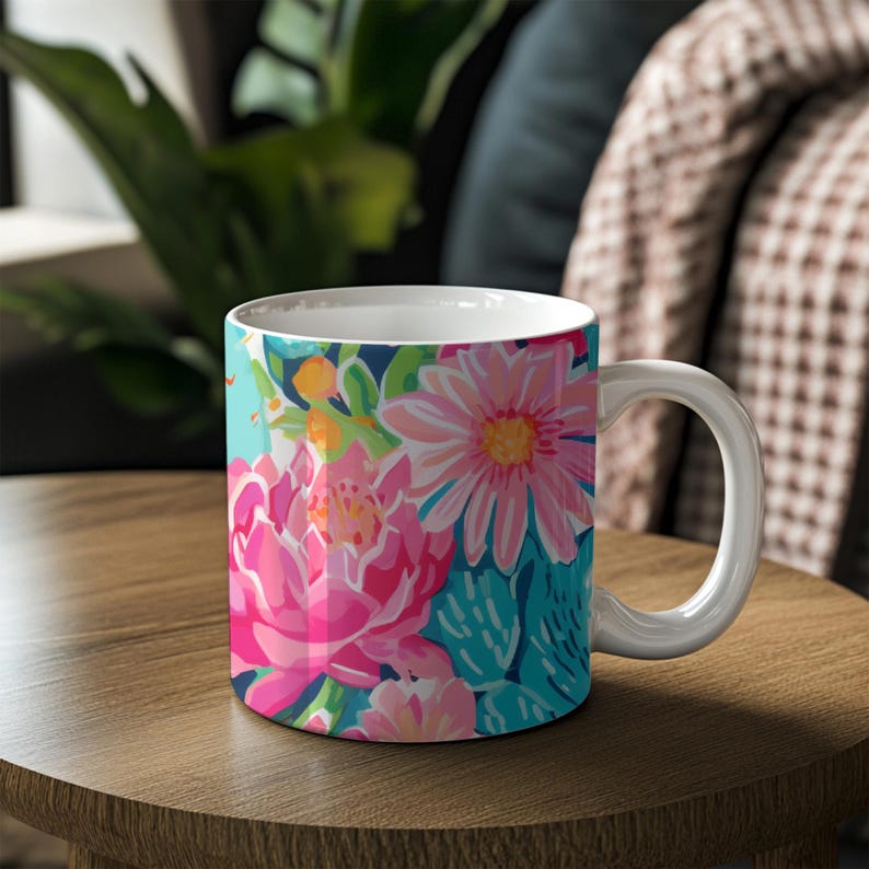 Desert Bloom Cactus Mug, Bright Pink Orange Floral Southwestern Art ...