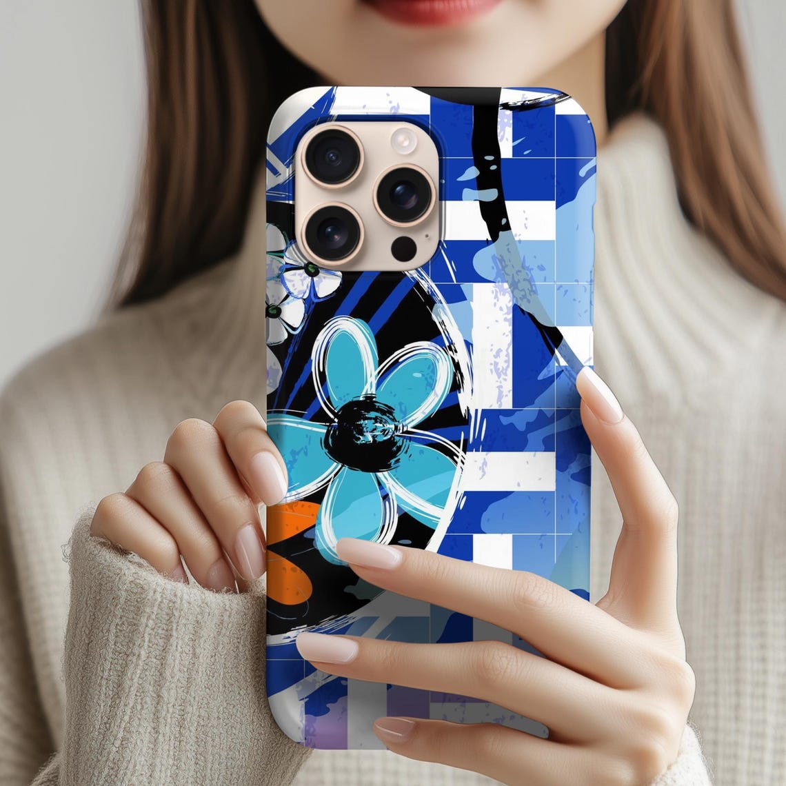 Blue Geometric Floral Phone Case Modern Abstract iPhone Case 16 15 14 ...