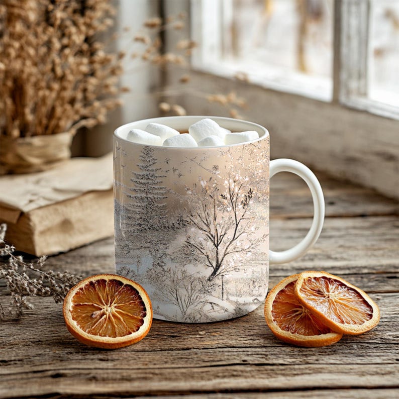 Winter Landscape Coffee Mug – Beige Glitter Effect Snow Scene, Cozy ...
