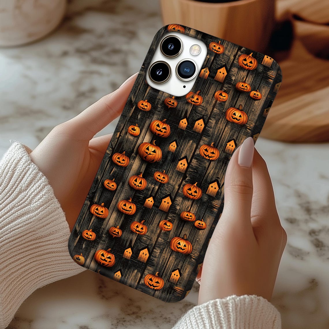 Spooky Halloween Pumpkin iPhone Case - Rustic Wood Background Gothic ...