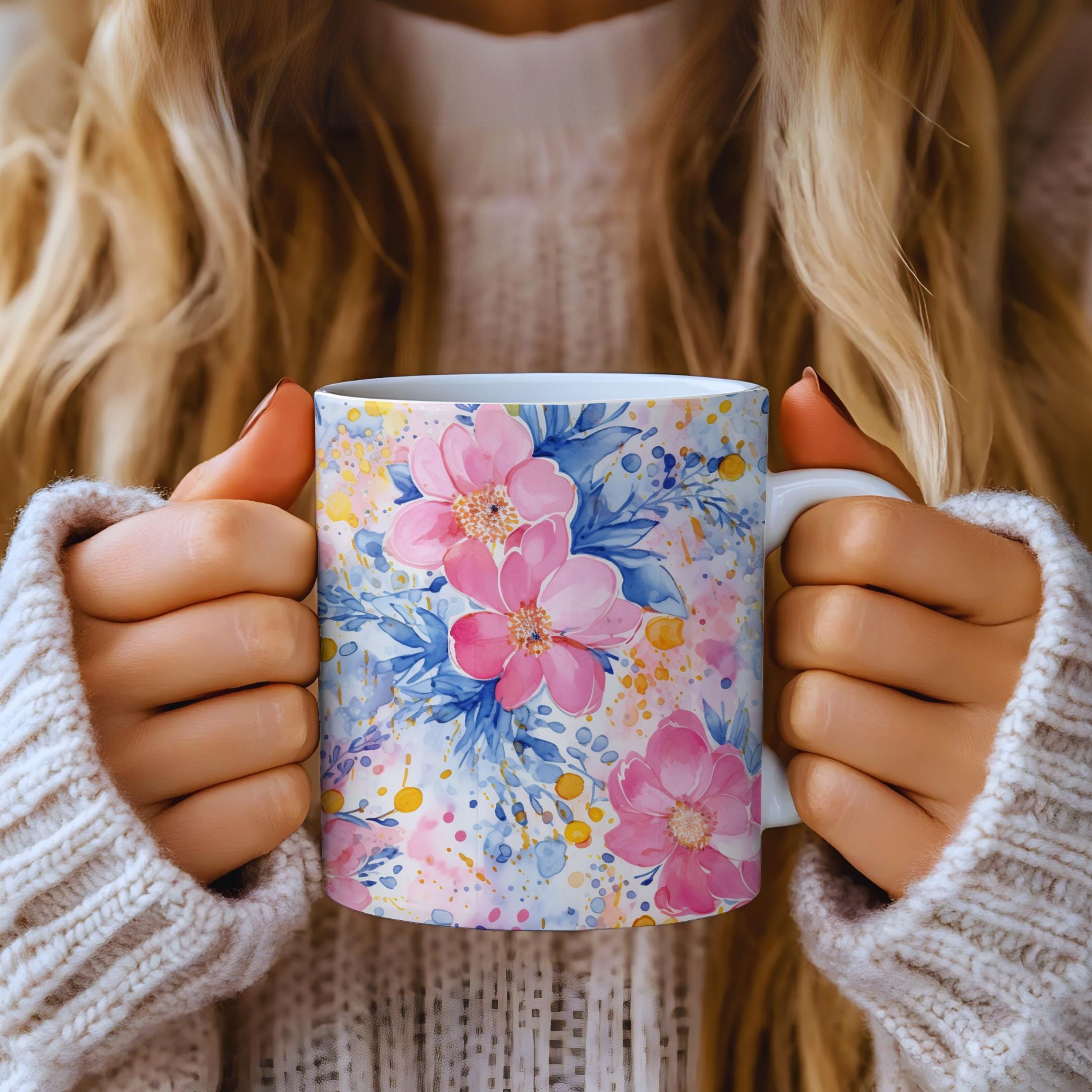 Watercolor Floral Mug, Pink Blue Botanical Design, Feminine Spring ...
