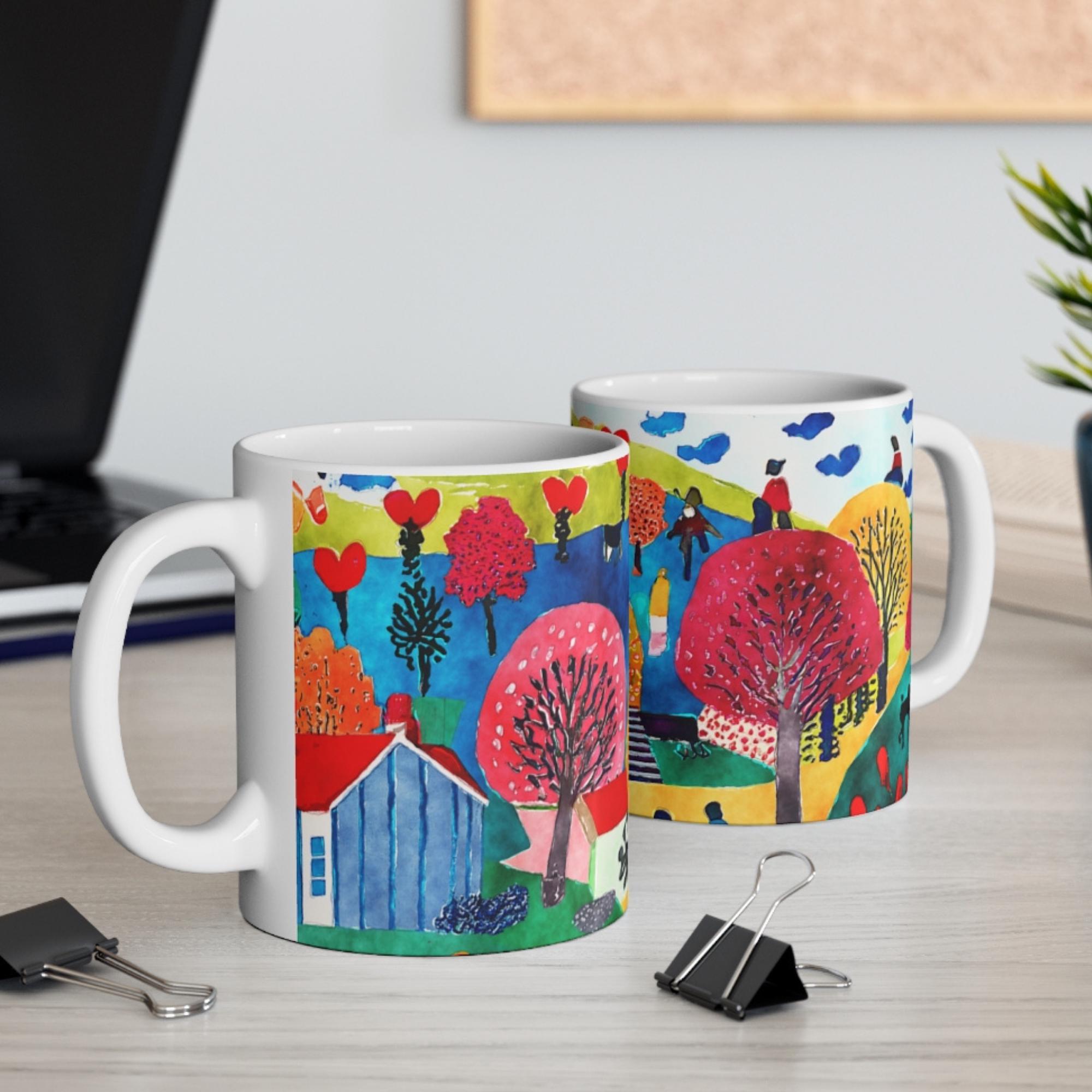 Colorful Abstract Landscape Mug | Whimsical Folk Art Tree Village ...