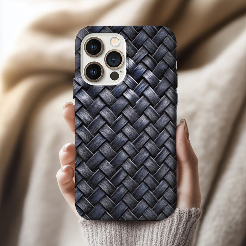 Midnight Blue Woven Leather Look Texture Tough iPhone Case With Stylish ...
