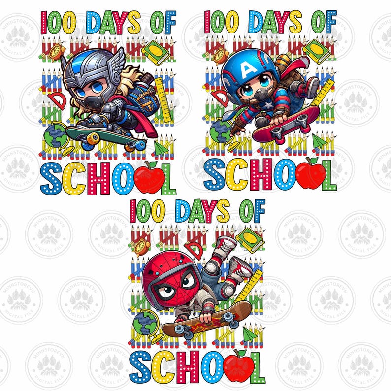 Superhero 100 Days of School PNG Bundle, Cute Cartoon 100th Day 2025 ...