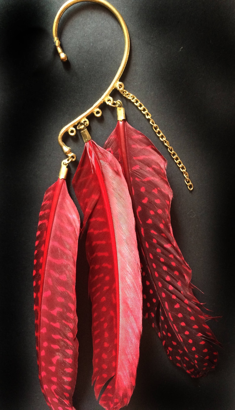 FEATHER EAR Cuff-red Feather Ear Cuffs,red & Gold Ear Jackets,feather ...