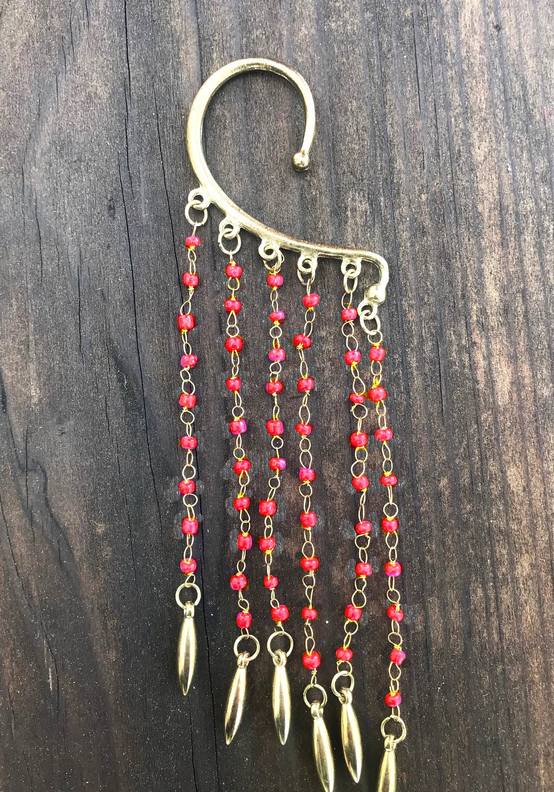 Bohemian Ear Cuff-red Gold Beaded Spike EAR Cuff-gold Ear Jackets-ear ...