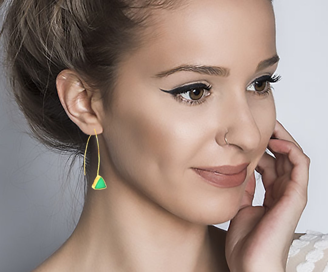 Green Onyx Earrings-green Gold Jewelry-green Silver Earring Minimalist ...