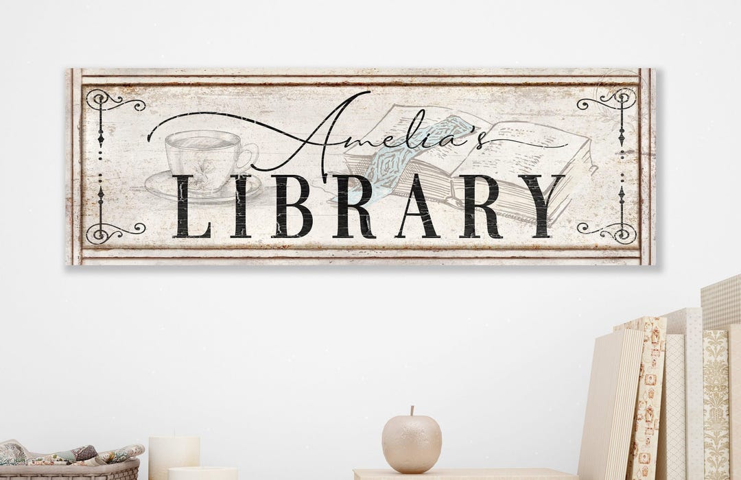 Name Sign LIBRARY Personalized Vintage Custom Farmhouse Reading Corner ...