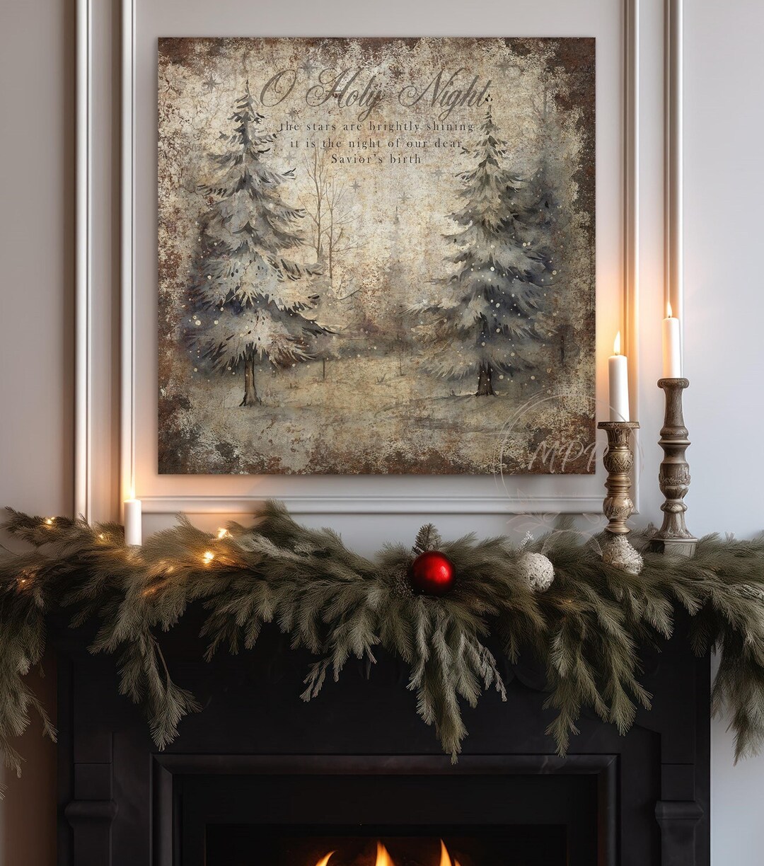 VINTAGE CHRISTMAS Wall Print Pine Forest Square Distressed Christmas ...