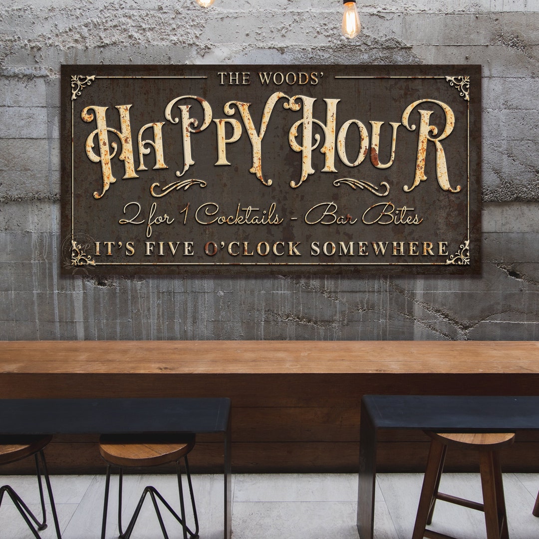 HAPPY HOUR CUSTOM Vintage Basement Bar Decor Sign in Vintage Faux ...