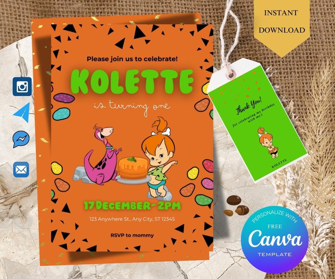 Editable Pebbles Birthday Invitation Template, 1st Birthday ...