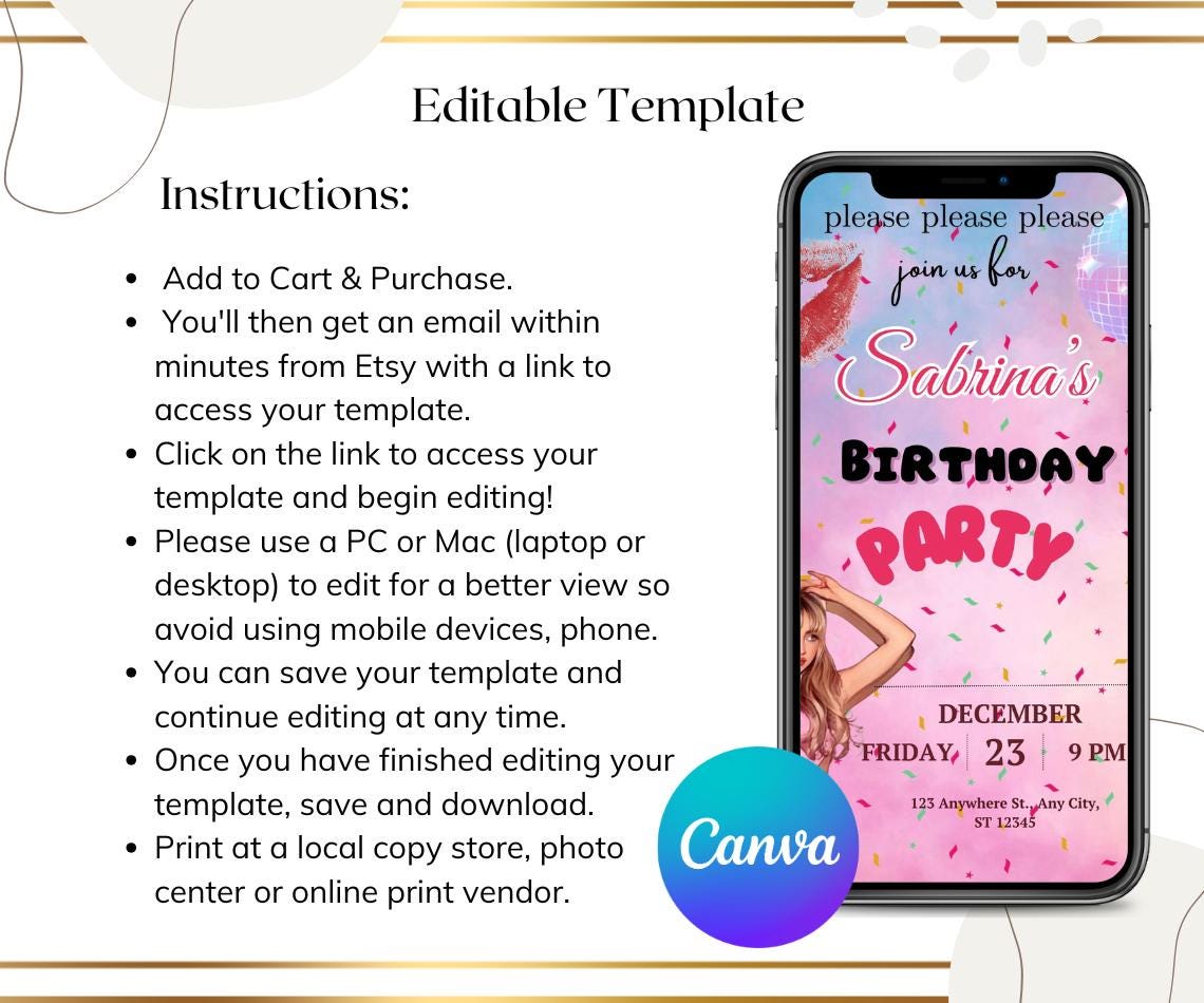 Editable Sabrina Carpenter Birthday Invitation, Sabrina Birthday Party ...