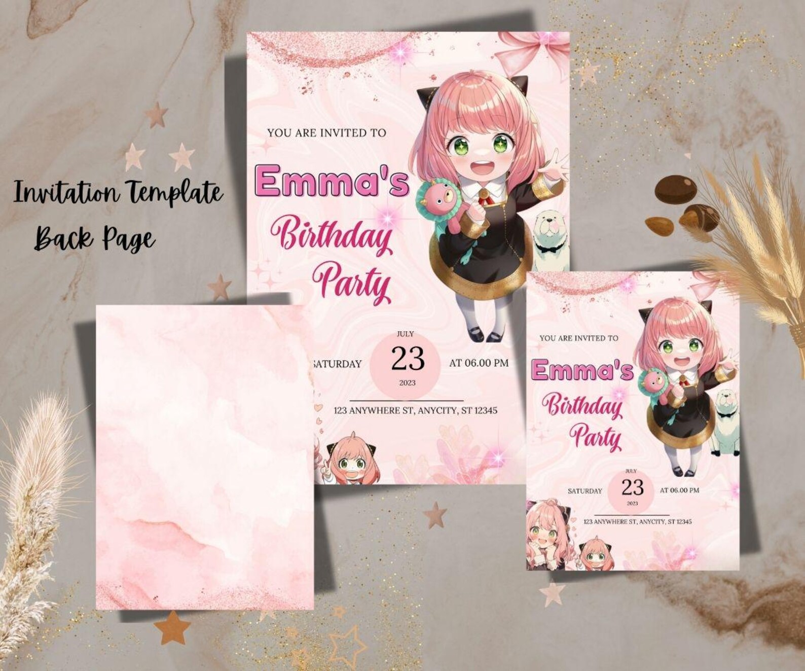 Editable Pink Anime Birthday Invitation Card Anime Anya Lover Kawaii ...