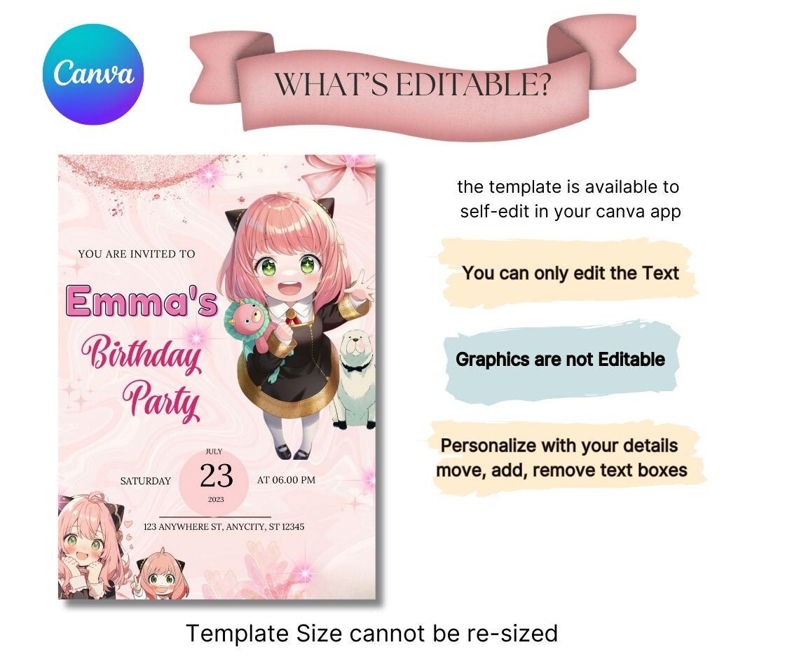 Editable Pink Anime Birthday Invitation Card Anime Anya Lover Kawaii ...