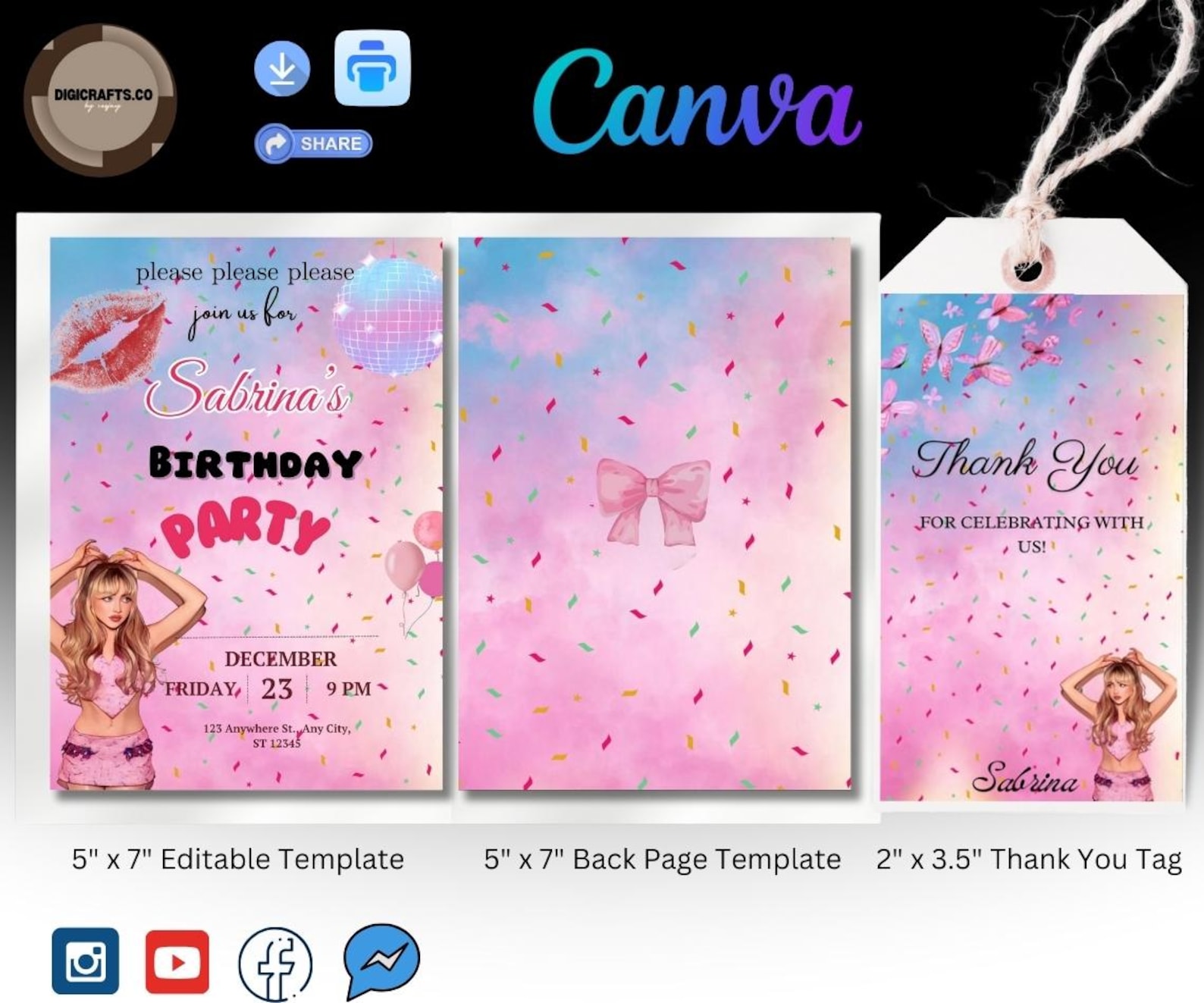 Editable Sabrina Carpenter Birthday Invitation, Sabrina Birthday Party ...