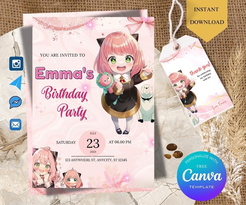 Editable Anime Anyaa For-ger Birthday Invitation Template,free Party ...