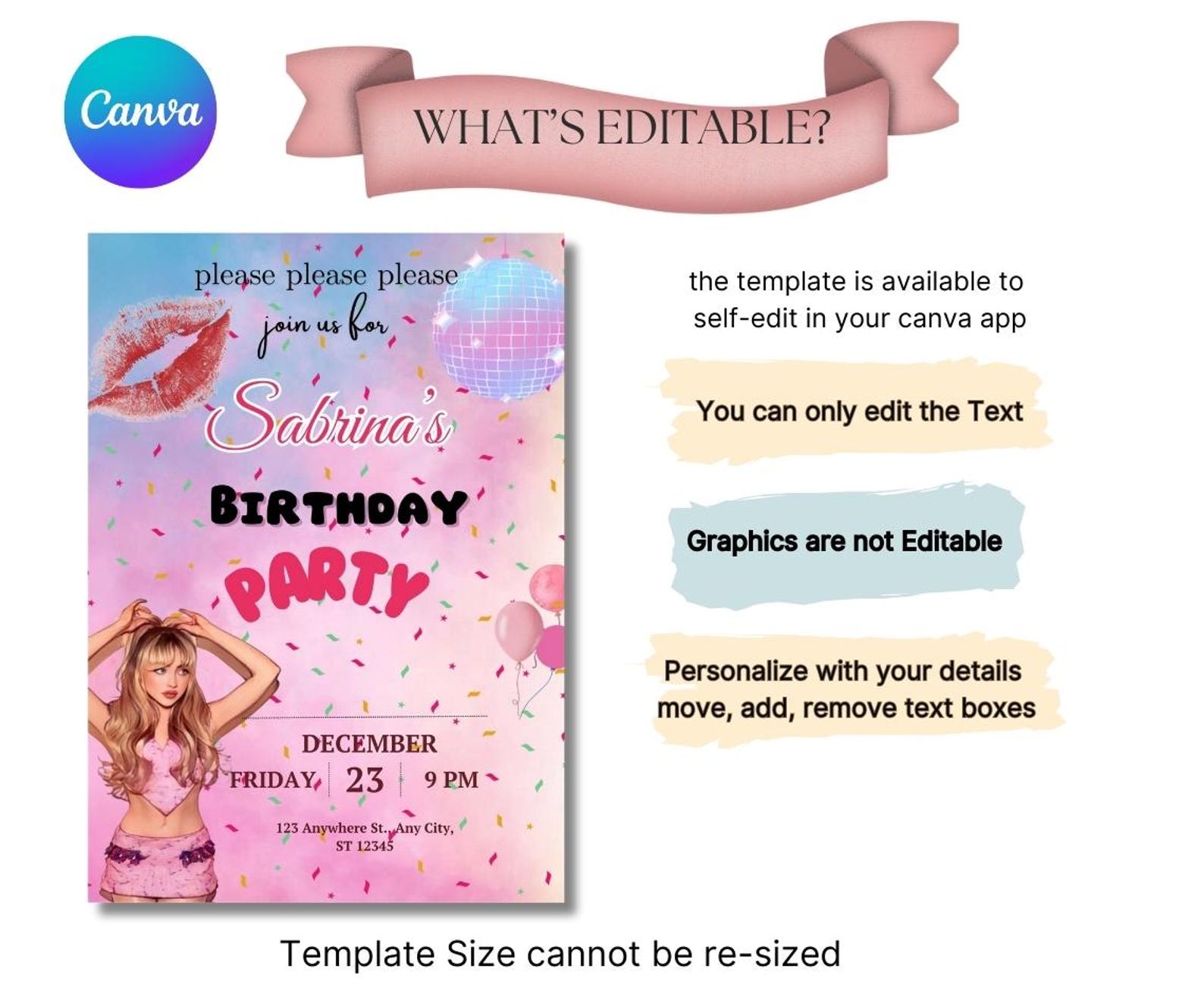 Editable Sabrina Carpenter Birthday Invitation, Sabrina Birthday Party ...