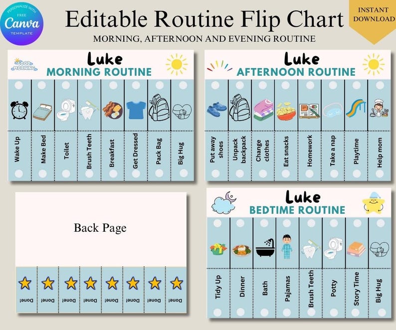 Editable Routine Flip Chart for Kids, Boy, Blue Themed, Morning Routine ...