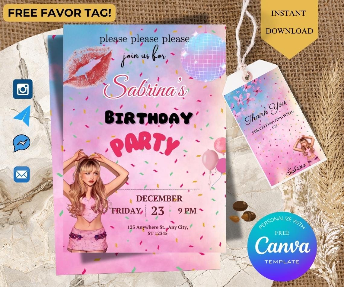 Editable Sabrina Carpenter Birthday Invitation, Sabrina Birthday Party ...