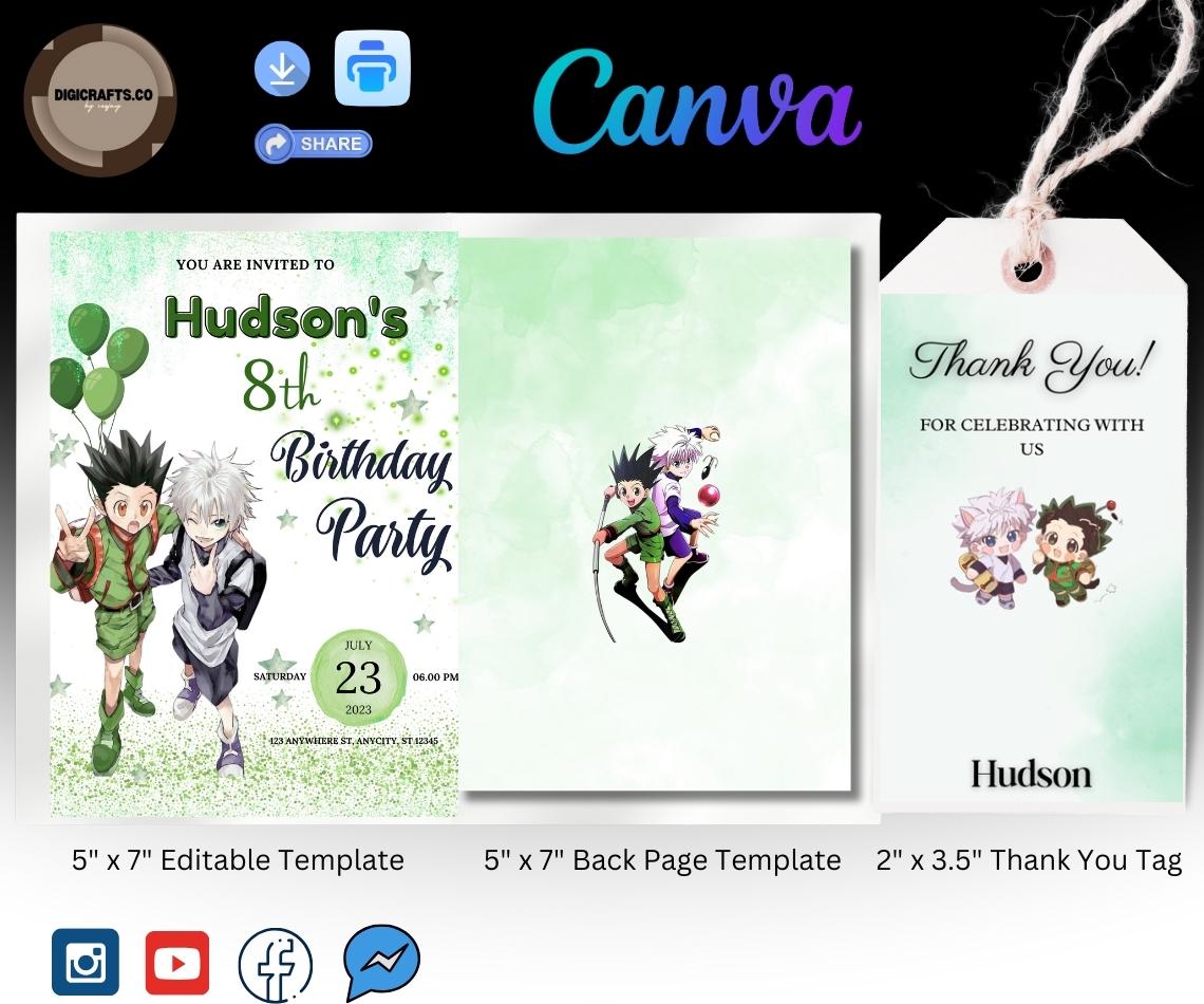 Editable Anime Birthday Invitation, Hun-ter X hunter, Kil-lua and Gon ...
