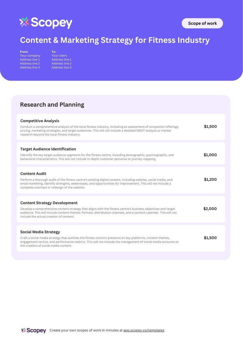 Content & Marketing Strategy for Fitness Industry Editable Canva Scope of Work Template - Etsy