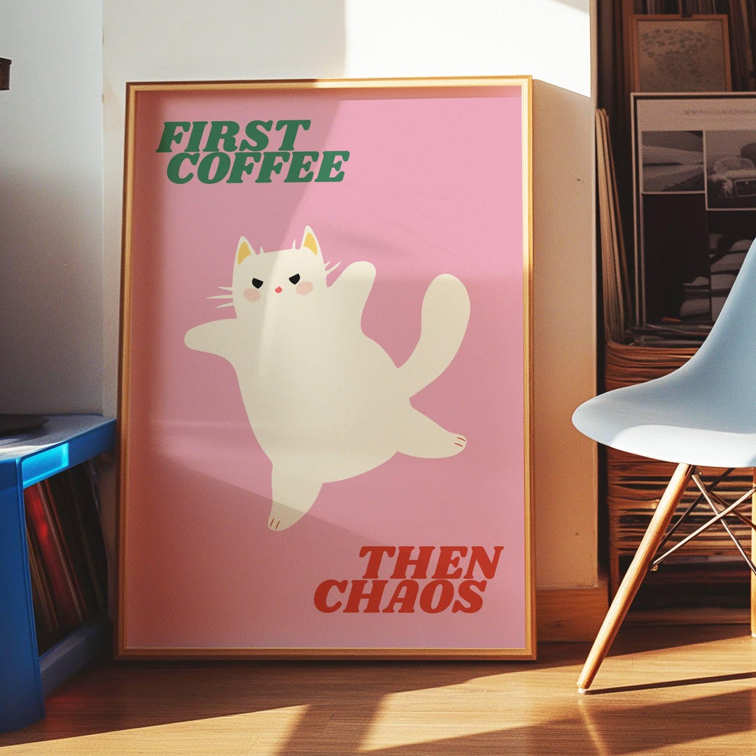 Feral Cat Coffee Poster in Baby Pink Funny Chaotic Wall Art Printable ...