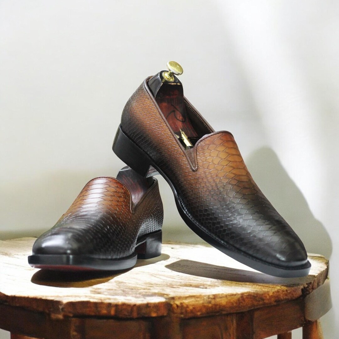 Handmade Python Skin Texture Penny Loafers | Exotic Two-tone Slip-on ...