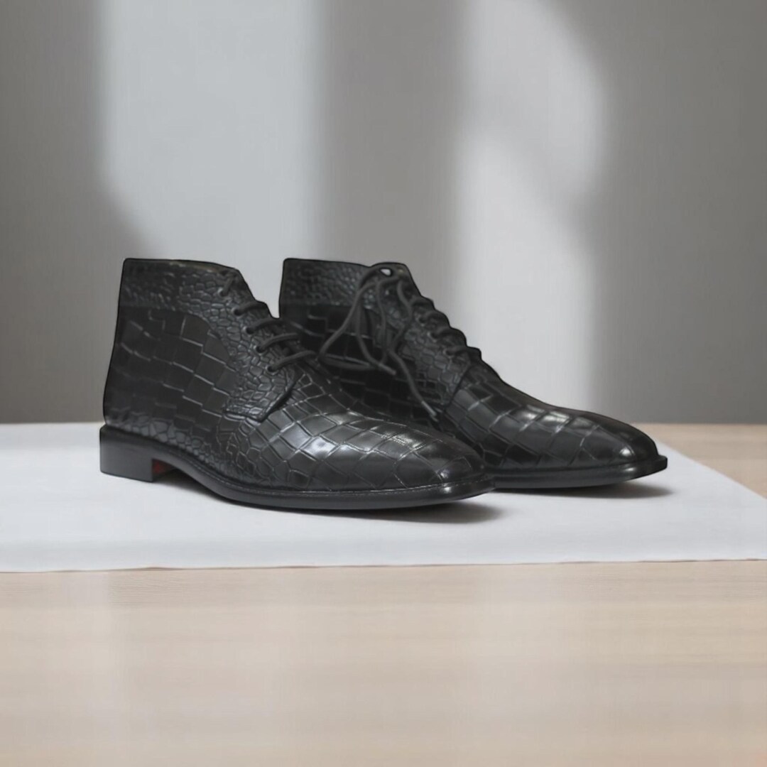 Premium Handmade Black Alligator Texture Leather Boots | Men Lace-up ...