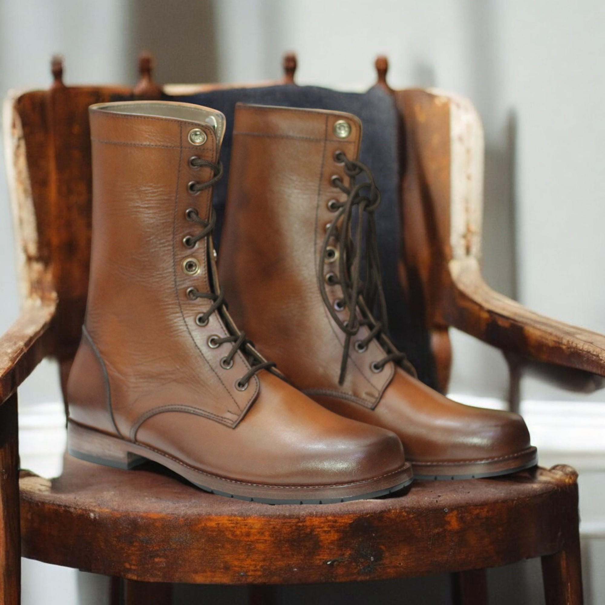 Handmade Military Leather Boots Ankle Boots | Low Heel Lace-up Knight ...