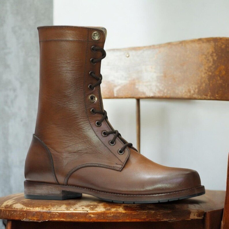 Handmade Military Leather Boots Ankle Boots | Low Heel Lace-up Knight ...