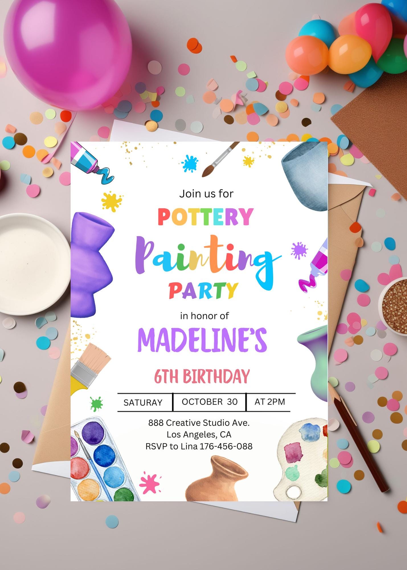 Editable Kids Pottery Painting Birthday Invitation Template ...