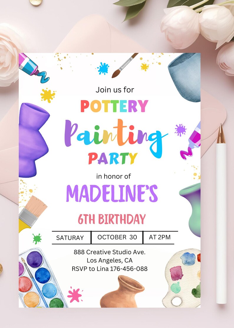 Editable Kids Pottery Painting Birthday Invitation Template ...