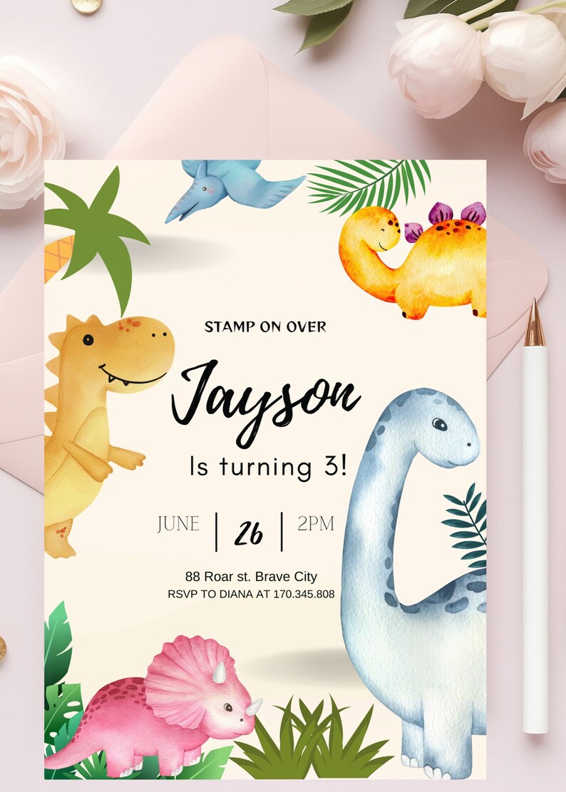 Kids Baby Editable Cute Watercolor Dinosaur Birthday Invitation Canva ...