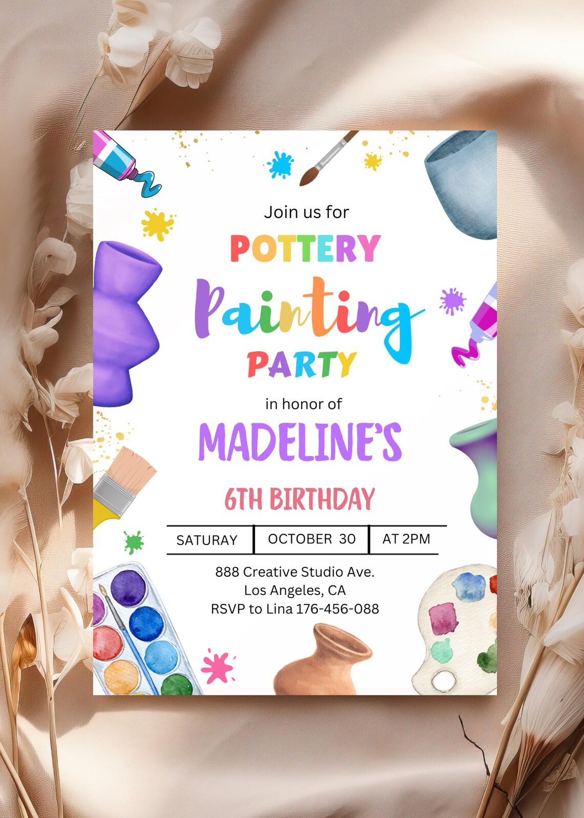 Editable Kids Pottery Painting Birthday Invitation Template ...